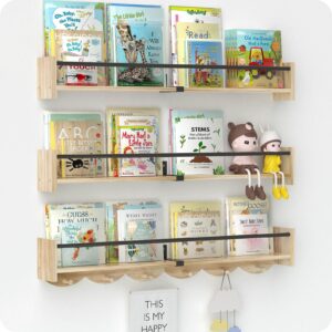 book shelf for kids rooms, nursery book shelves, 33.5 inch floating book shelves for wall set of 3 great for living room, kids room, bedroom.