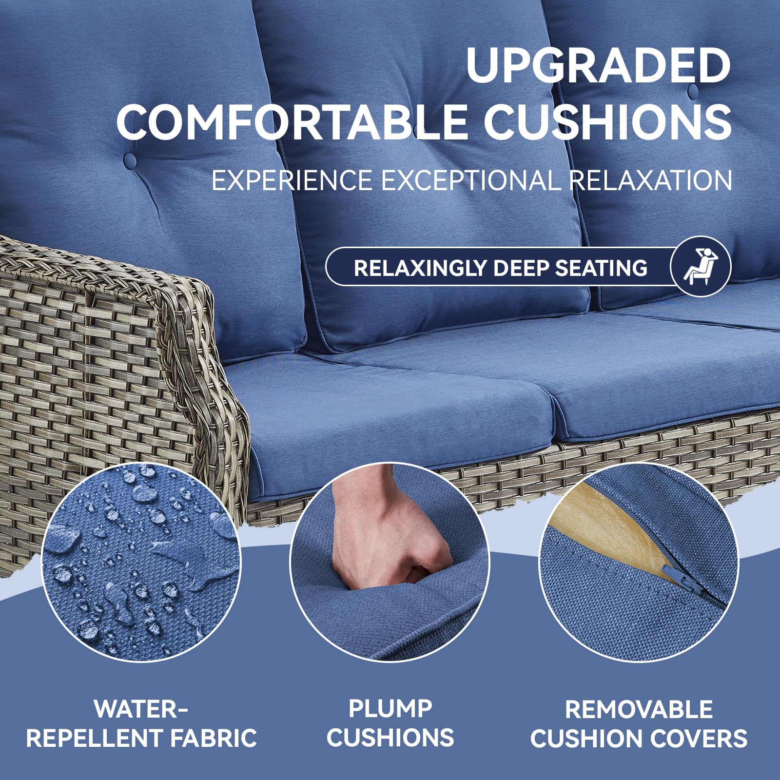 Bellefurn Patio Sofa Couch Outdoor Wicker Sofa PE Rattan 3-Seat Couch with Curved Armest Water Resistant Cushions for Garden Balcony Sunroom Poolside, Grey Wicker|Blue Cushions, Sofa(1PC)