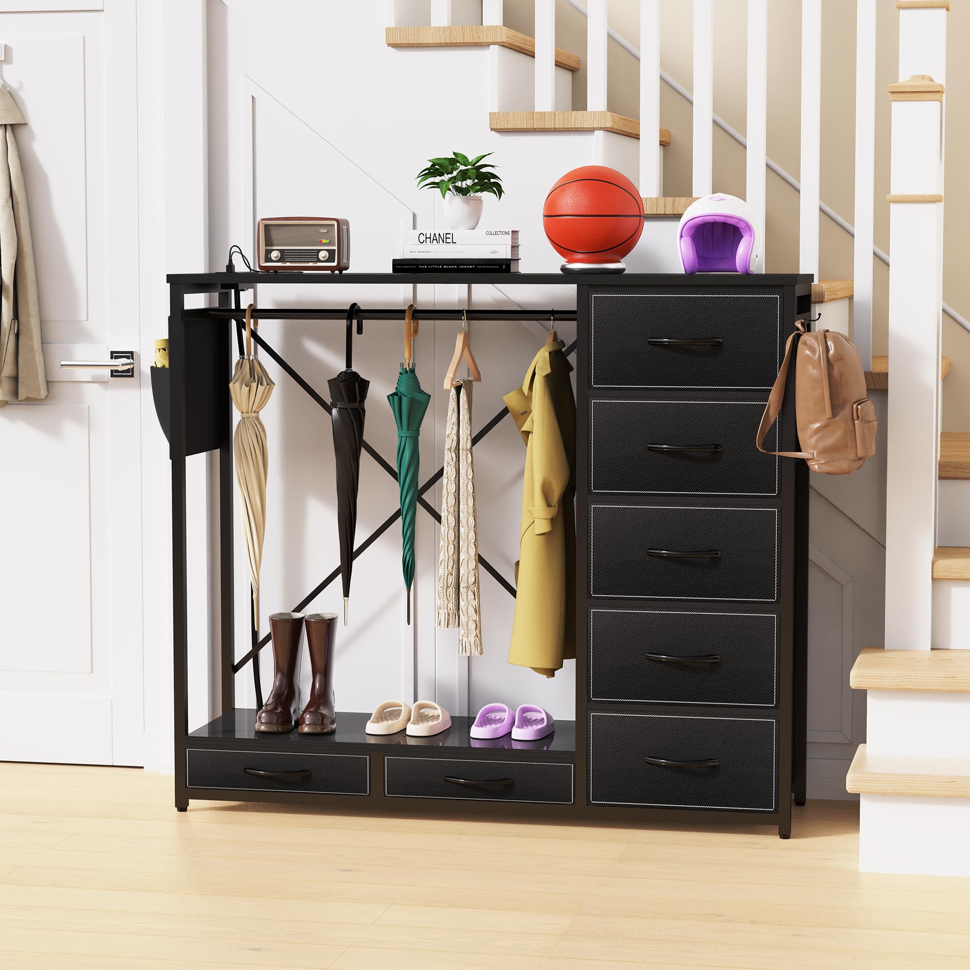 SZLHANJZ Dresser for Bedroom with Hanging Rack, 7 Drawer Clothes Dressers with Charging Station and Lights, Storage Chest of Drawers with Hooks and Side Pockets, Modern Black