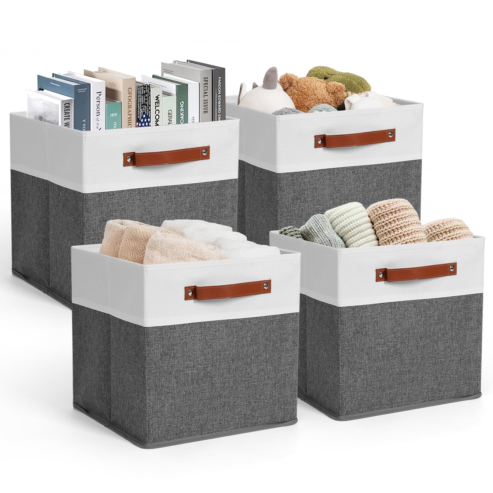 11x11 Cube Storage Bins Pack of 4, Foldable Fabric Cube Baskets with Leather Handles for Organizing Closet, Decorative Cube Storage Bins for Shelves, White/Grey