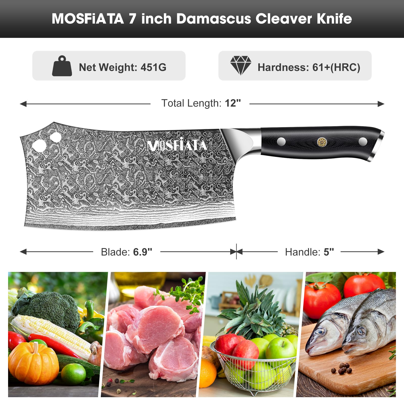 MOSFiATA Damascus 7” Cleaver Knife，Ultra Sharp Vegetable and Meat Butcher Knife with Finger Guard for Home Kitchen and Restaurant