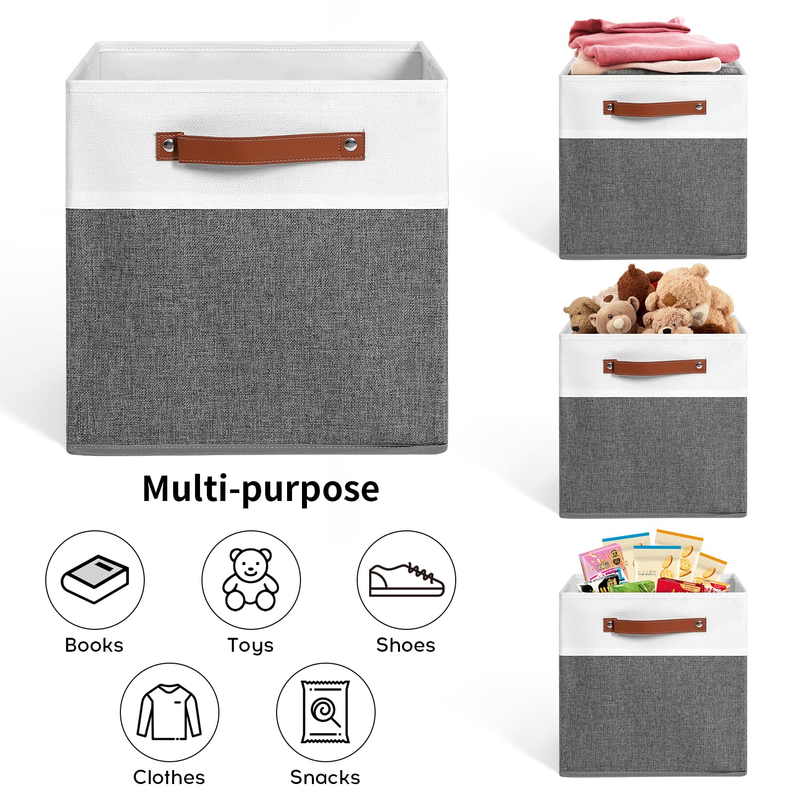 11x11 Cube Storage Bins Pack of 4, Foldable Fabric Cube Baskets with Leather Handles for Organizing Closet, Decorative Cube Storage Bins for Shelves, White/Grey