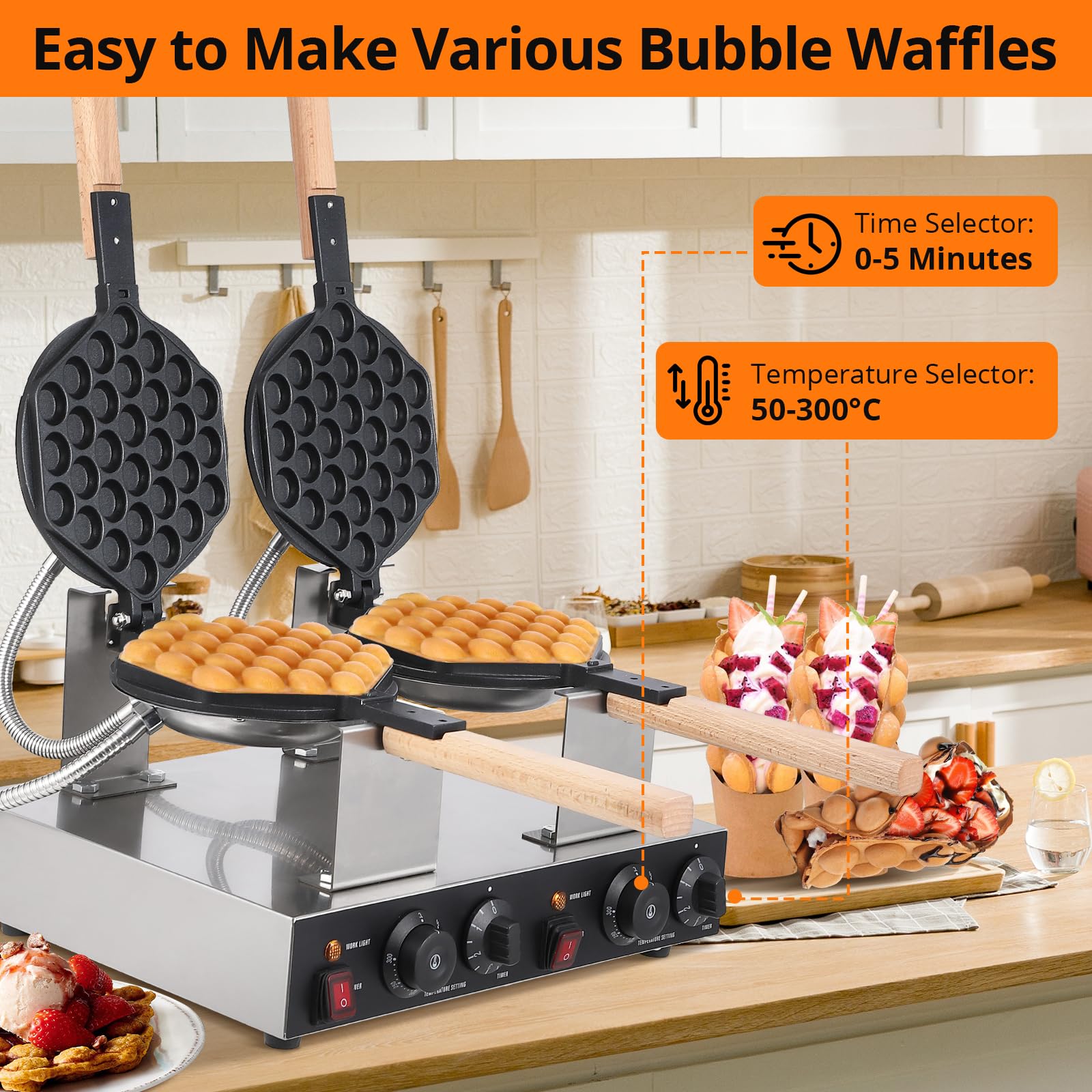 Bubble Waffle Maker 2800W Electric Bubble Waffle Maker Machine Non-stick Egg Waffle Maker Bubble Waffle Baker for Home and Commercial Use