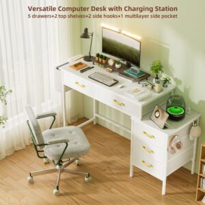 YILQQPER Computer Desk with Charging Station, Home Office Desks with Printer Stand, PC Desk with 5 Fabric Drawers, White Desk with Storage, Vanity Desk for Small Space, White