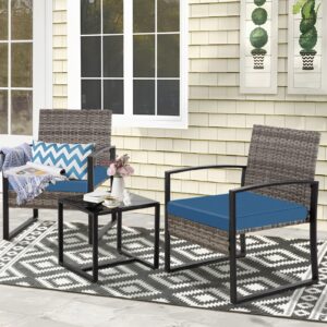 3 Piece Outdoor Patio Bistro Set, Wicker Table and Chairs Set of 2, All-Weather Rattan Balcony Furniture Set for Front Porch Apartment, Grey/Blue