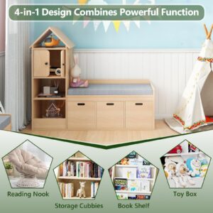 Kids Bookcase and Bookshelf with Reading Nook, Toy Storage Organizer for Kids, Oak Castle Wooden Bookcase with 3 Open Storage Cubbies 3 Drawers and Seat Cushion for Children's Room, Playroom, Oak