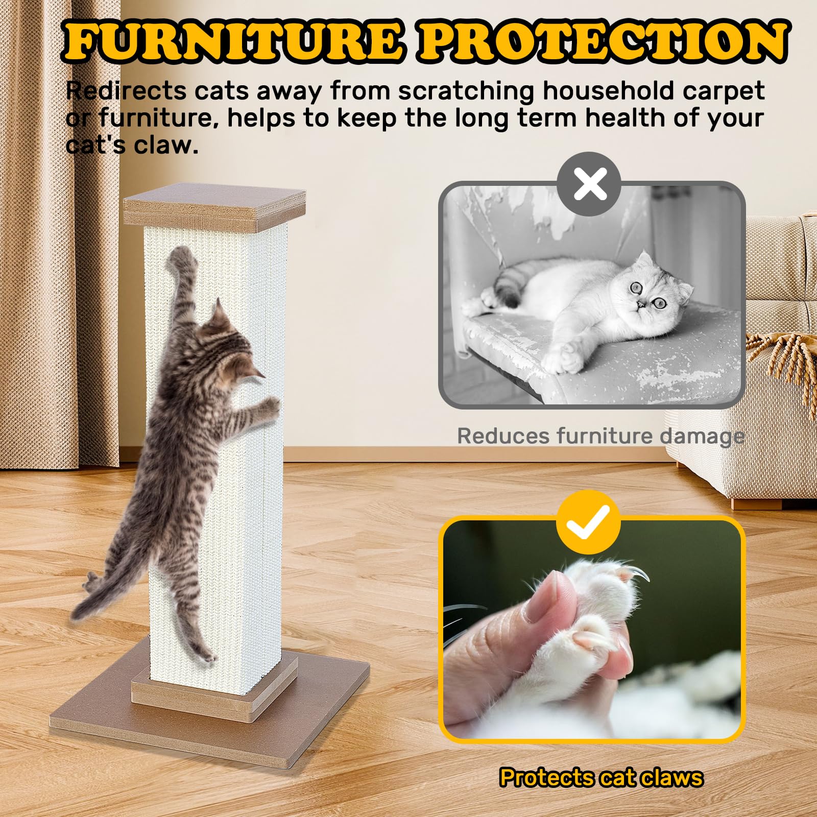 MAOHEGOU 27IN Cat Scratching Post, Nature Sisal Cat Scratch Post for Indoor Cats