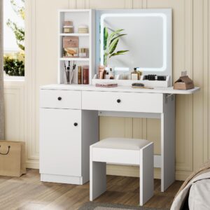 gaomon makeup vanity desk with mirror and lights, vanity desk set with outlet & drawers & open shelf & storage cabinet, vanity table set for bedroom, white