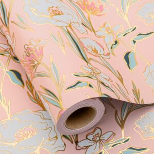 merture wedding wrapping paper roll with flower patterns - 17 in x 32.8 ft - 1 roll (46.5 sqft.ttl.) foil floral design gift wrap for wedding, valentines day, mothers day, birthday, christmas, pink