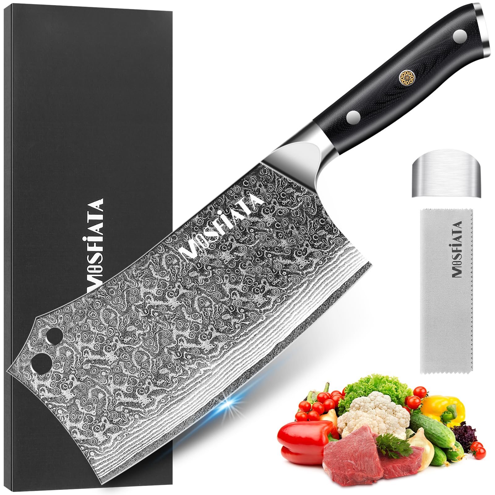 MOSFiATA Damascus 7” Cleaver Knife，Ultra Sharp Vegetable and Meat Butcher Knife with Finger Guard for Home Kitchen and Restaurant