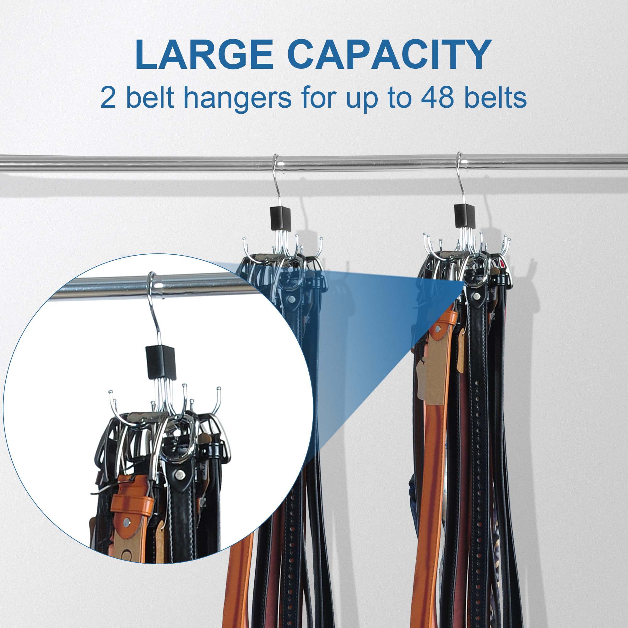 2PCS Selumie Belt Organizer Hanger, Belt Hanger for up to 48 Belts, Sturdy Wooden Belt Hanger, 360° Swivel Closet Belt Organizer, Space Saving Belt, Vest, Scarf Organizer, Closet Accessory