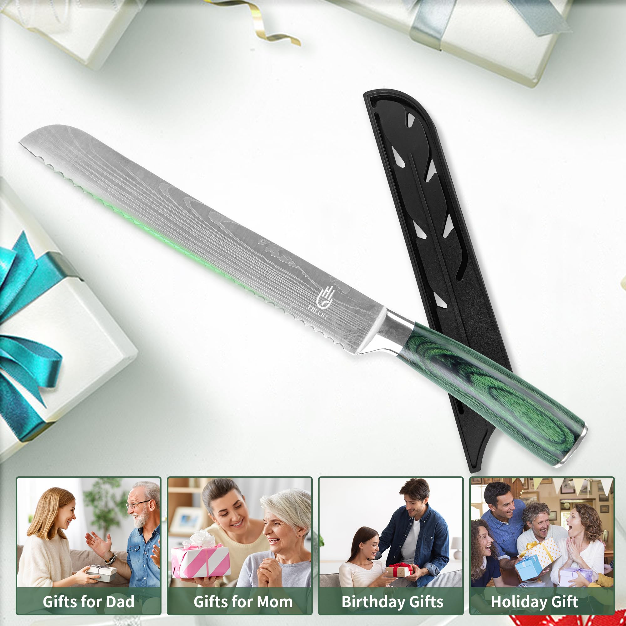 FULLHI Bread Knives, Multi-Color 8-Inch Japanese Knife with Sheath 2pcs, Cake Knife Stainless Steel Kitchen Knife with Guard (Green Wood)