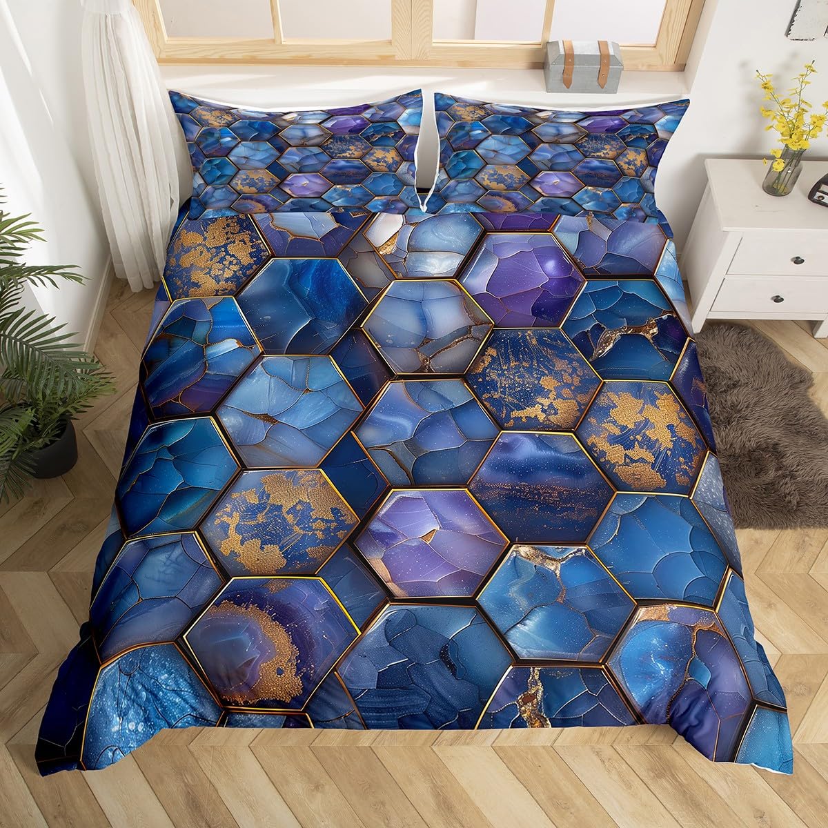 Honeycomb Marble Duvet Cover Set Queen Size,Geometric Hexagon Bedding Set Kids Teens Adults Room Decor,Blue Purple Comforter Cover 3Pcs,Glitter Honeycomb Bedspreads Cover,2 Pillowcases(NO Comforter)