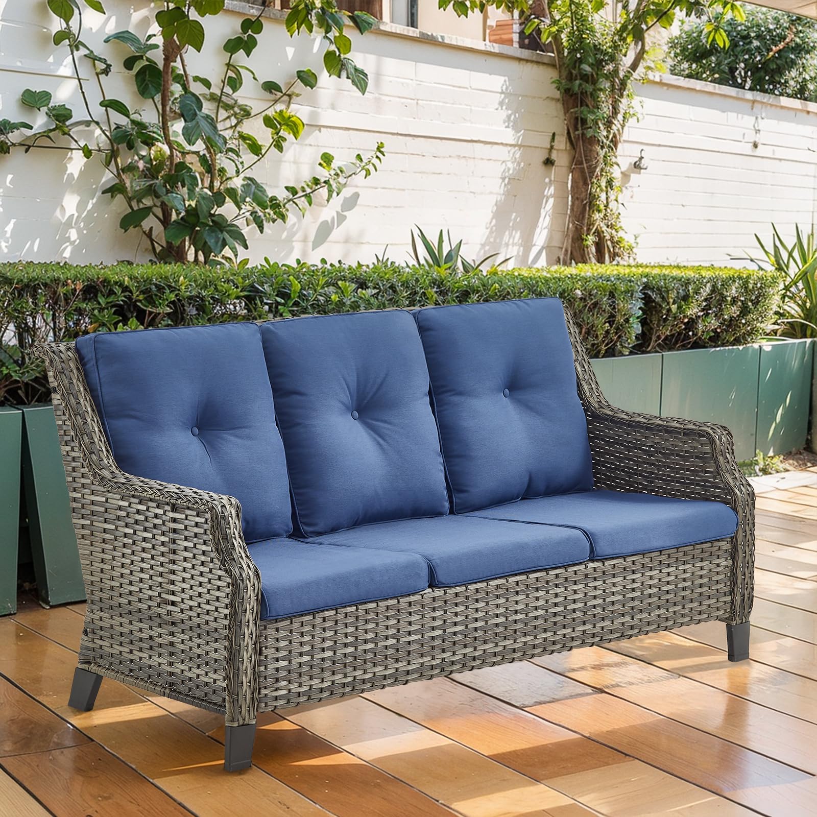 Bellefurn Patio Sofa Couch Outdoor Wicker Sofa PE Rattan 3-Seat Couch with Curved Armest Water Resistant Cushions for Garden Balcony Sunroom Poolside, Grey Wicker|Blue Cushions, Sofa(1PC)