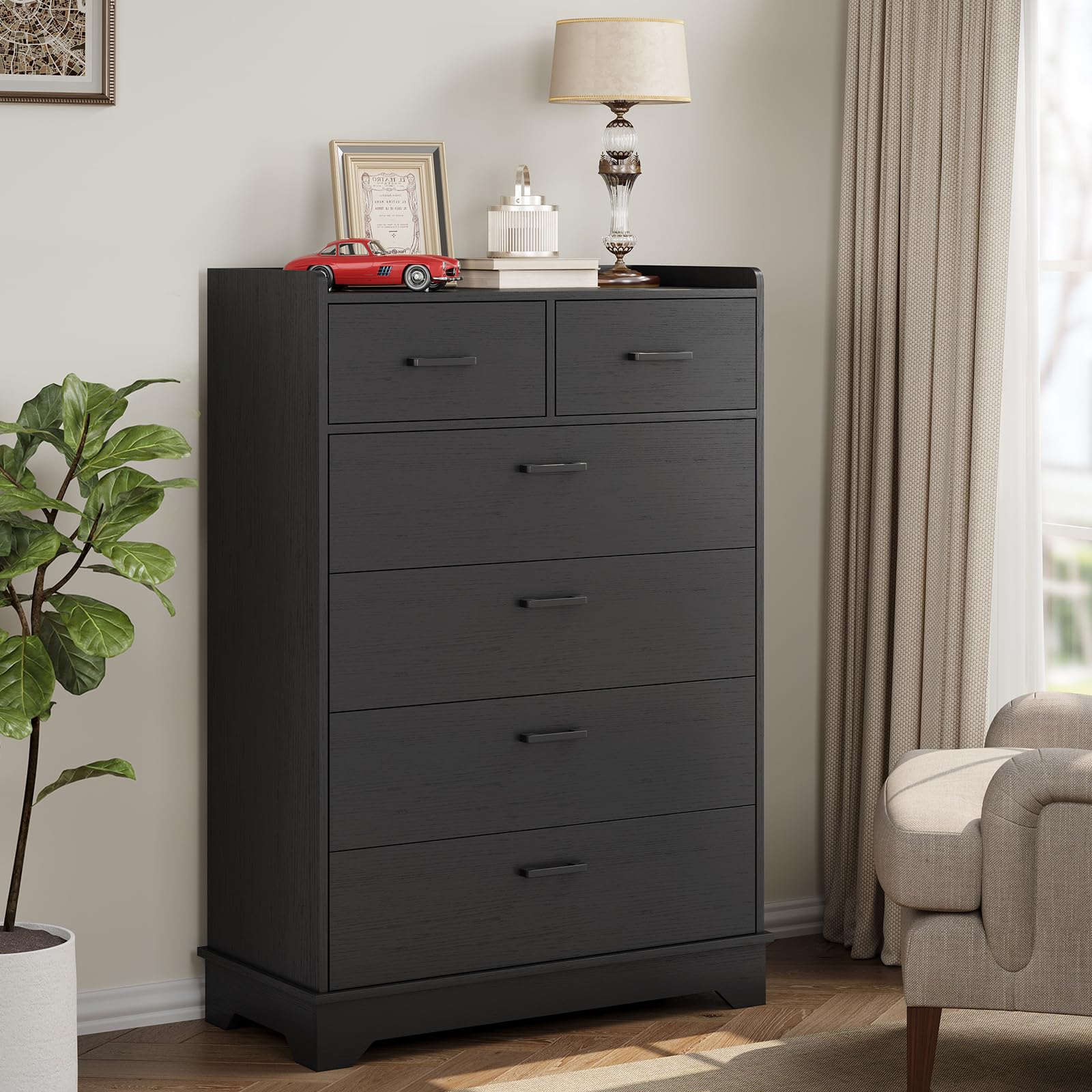 DICTAC Black Drawers Dresser for Bedroom, Modern Chest of 6 Drawers with Classified Storage, Wooden Bedroom Drawer Chest, Vertical Storage Organizer Tower, Tall Black Dresser for Closet, Hallway