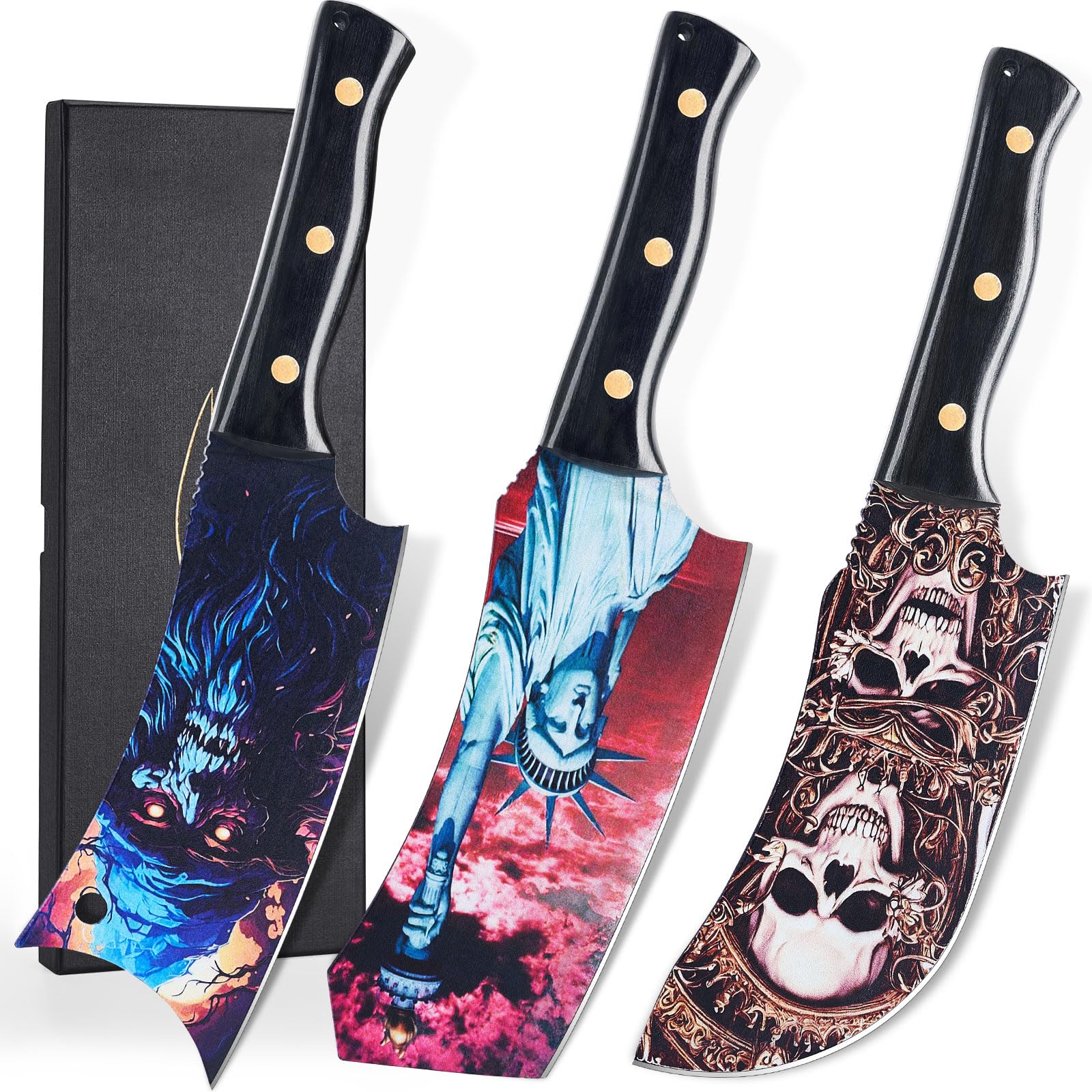 Topfeel 3PCS Color-Coded Coated Butcher Knife Set, Hand Forged Meat Cleaver Knife & Bone Chopper Knife & Burcher knife, Meat Cutting Kitchen Knife Set for Home, Outdoor Cooking, Camping BBQ