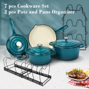 GRILL FORCE Enameled Cast Iron Cookware Set, 9-Piece Pots and Pans Set Non Stick, Pots and Pans Rack Organizer, 10.25” Skillet, 2QT Saucepan, 2.25QT/4.75QT Dutch Oven, Compatible with All Stovetops