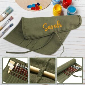 Personalized Paint Brush Holder for Artist, Customized Canvas Paint Brush with Name, Paint Brush Holders & Organizers for Acrylic Oil Watercolor Paint Brush Roll Pouch Holds 100 Brushes- Army Green