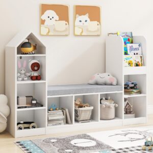 halitaa kids bookcase and bookshelf with reading nook, toy storage organizer for kids, white bookcase with 9 storage cubbies and seat cushion for kids room, playroom, bedroom, white