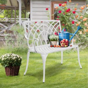 VINGLI 38" Outdoor Bench Cast Aluminium Garden Bench, Orchid Porch Bench Patio Bench Deck Furniture for 1-2 Person Seat(White)