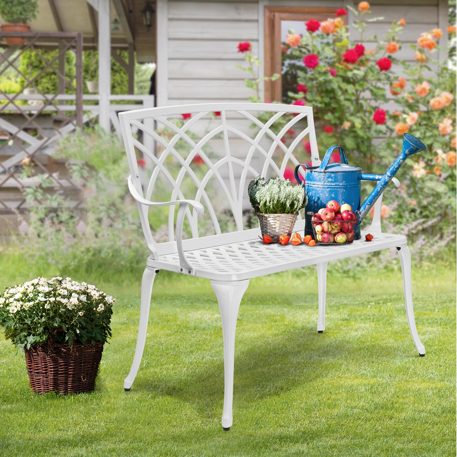 VINGLI 38" Outdoor Bench Cast Aluminium Garden Bench, Orchid Porch Bench Patio Bench Deck Furniture for 1-2 Person Seat(White)