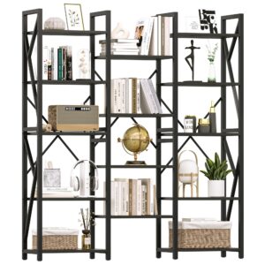 gaomon bookcases and bookshelves triple wide 5 tiers bookshelf, rustic industrial book case with 14 open display shelves, wide tall bookcase for bedroom, living room and home office-black