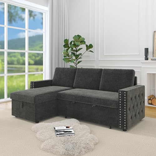 FANYE 85" W L-Shaped Reversible Sleeper Sectional Sofa Chenille Button Tufted Upholstered Corner Convertible Sofabed W/Pull Out Couch Bed and Storage Chaise, Nailhead Decor for Living Room