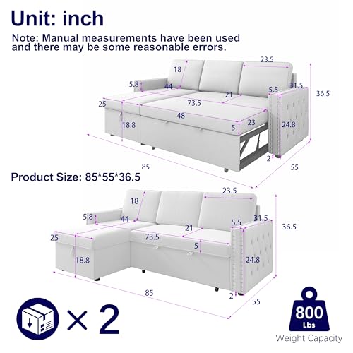 FANYE 85" W L-Shaped Reversible Sleeper Sectional Sofa Chenille Button Tufted Upholstered Corner Convertible Sofabed W/Pull Out Couch Bed and Storage Chaise, Nailhead Decor for Living Room