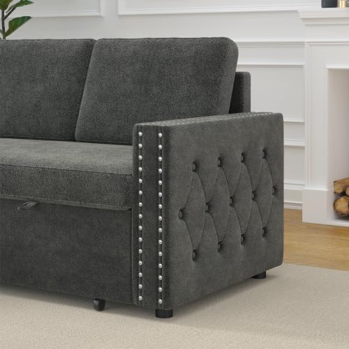 FANYE 85" W L-Shaped Reversible Sleeper Sectional Sofa Chenille Button Tufted Upholstered Corner Convertible Sofabed W/Pull Out Couch Bed and Storage Chaise, Nailhead Decor for Living Room