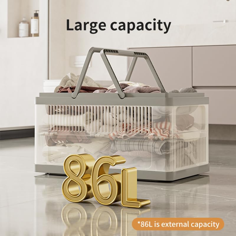 Collapsible Laundry Basket, 86L/ 22.7 Gallon Super Large Plastic Laundry Hamper, Foldable Laundry Basket with Comfort Handles, Space Saving Basket for Organizing, Storage Crate for Kitchen, Bathroom