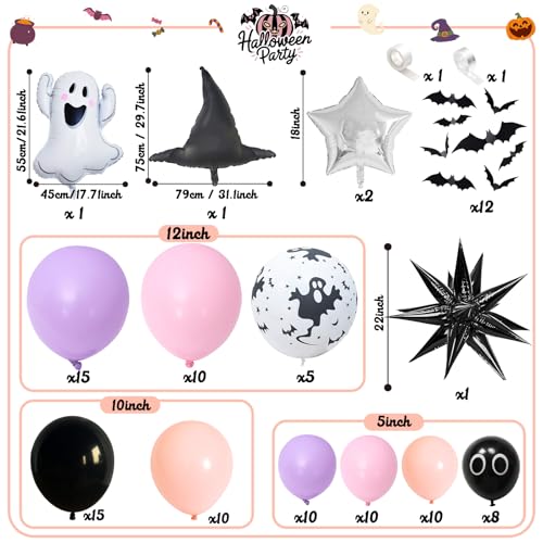 Jobkoo Halloween Balloon Garland Arch Kit, Black Purple Pink Halloween Baby Shower Latex Balloons with 3D Bat Ghost Witch Mylar Foil Balloons Set for Happy Halloween Birthday Decoration Indoor Outdoor