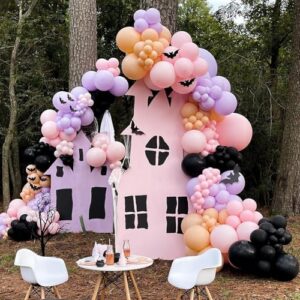 Jobkoo Halloween Balloon Garland Arch Kit, Black Purple Pink Halloween Baby Shower Latex Balloons with 3D Bat Ghost Witch Mylar Foil Balloons Set for Happy Halloween Birthday Decoration Indoor Outdoor