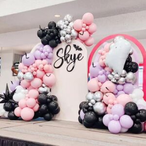 Jobkoo Halloween Balloon Garland Arch Kit, Black Purple Pink Halloween Baby Shower Latex Balloons with 3D Bat Ghost Witch Mylar Foil Balloons Set for Happy Halloween Birthday Decoration Indoor Outdoor