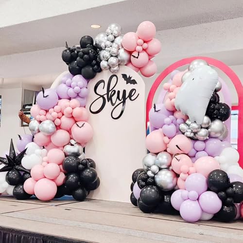 Jobkoo Halloween Balloon Garland Arch Kit, Black Purple Pink Halloween Baby Shower Latex Balloons with 3D Bat Ghost Witch Mylar Foil Balloons Set for Happy Halloween Birthday Decoration Indoor Outdoor