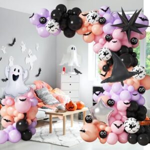 Jobkoo Halloween Balloon Garland Arch Kit, Black Purple Pink Halloween Baby Shower Latex Balloons with 3D Bat Ghost Witch Mylar Foil Balloons Set for Happy Halloween Birthday Decoration Indoor Outdoor