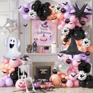 jobkoo halloween balloon garland arch kit, black purple pink halloween baby shower latex balloons with 3d bat ghost witch mylar foil balloons set for happy halloween birthday decoration indoor outdoor