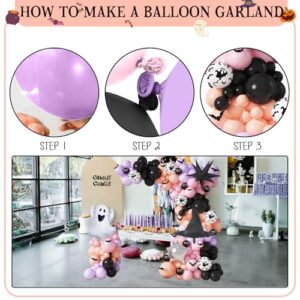 Jobkoo Halloween Balloon Garland Arch Kit, Black Purple Pink Halloween Baby Shower Latex Balloons with 3D Bat Ghost Witch Mylar Foil Balloons Set for Happy Halloween Birthday Decoration Indoor Outdoor