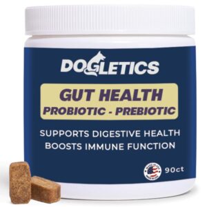 dogletics gut health probiotic & prebiotic - 90ct support stomach microbiome, prevent digestive problems, reduce anal gland issues, improve immune function and overall energy