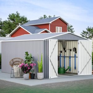 UBGO Storage Sheds 8 x 12 FT,Large Metal Garden Shed with Lockable Doors,Tool Sheds with Floor Frame,Outdoor Storage Shed for Backyard Garden Patio Lawn-Grey