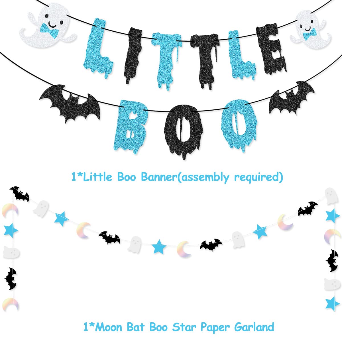 92 Packs Blue Black Little Boo Party kit Little Boo Banner Cake Topper Halloween Ghost Bat Balloons for Blue and Black Halloween Boy Baby Shower Decorations