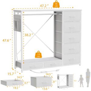 SZLHANJZ Dresser for Bedroom with Hanging Rack, 7 Drawer Clothes Storage Chest with Lights and Charging Station, Wardrobe Dresser with Hooks and Pocket, Wood Top, Nursery White