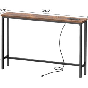 SUPERJARE 5.9 Inch Console Table with Outlet, Sofa Table, Behind Couch Table, 5.9 x 39.4 x 29.1 Inches, Metal Frame, Narrow Entryway Table, for Living Room, Hallway, Rusitc Brown