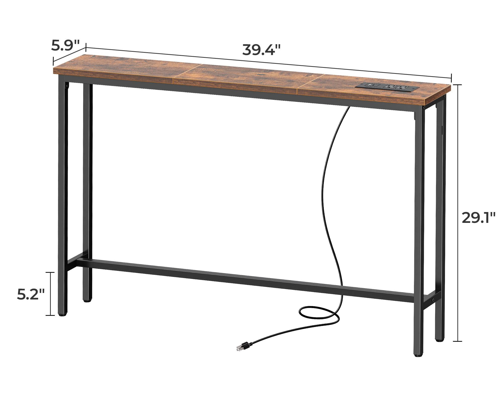 SUPERJARE 5.9 Inch Console Table with Outlet, Sofa Table, Behind Couch Table, 5.9 x 39.4 x 29.1 Inches, Metal Frame, Narrow Entryway Table, for Living Room, Hallway, Rusitc Brown