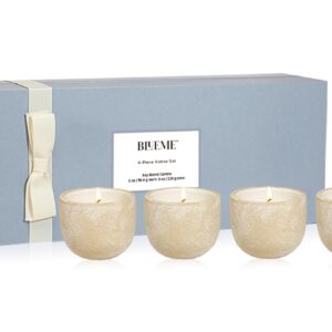 BLUEME Balance-White Lotus & Tea, Focus-Eucalyptus & Lime, Nostalgia-Bergamot & Musk, Calm-Osmanthus & Sandalwood, 4pk Wellness Travel Candle Votive, Sustainable, Contains Essential Oil, Soy-Wax Blend