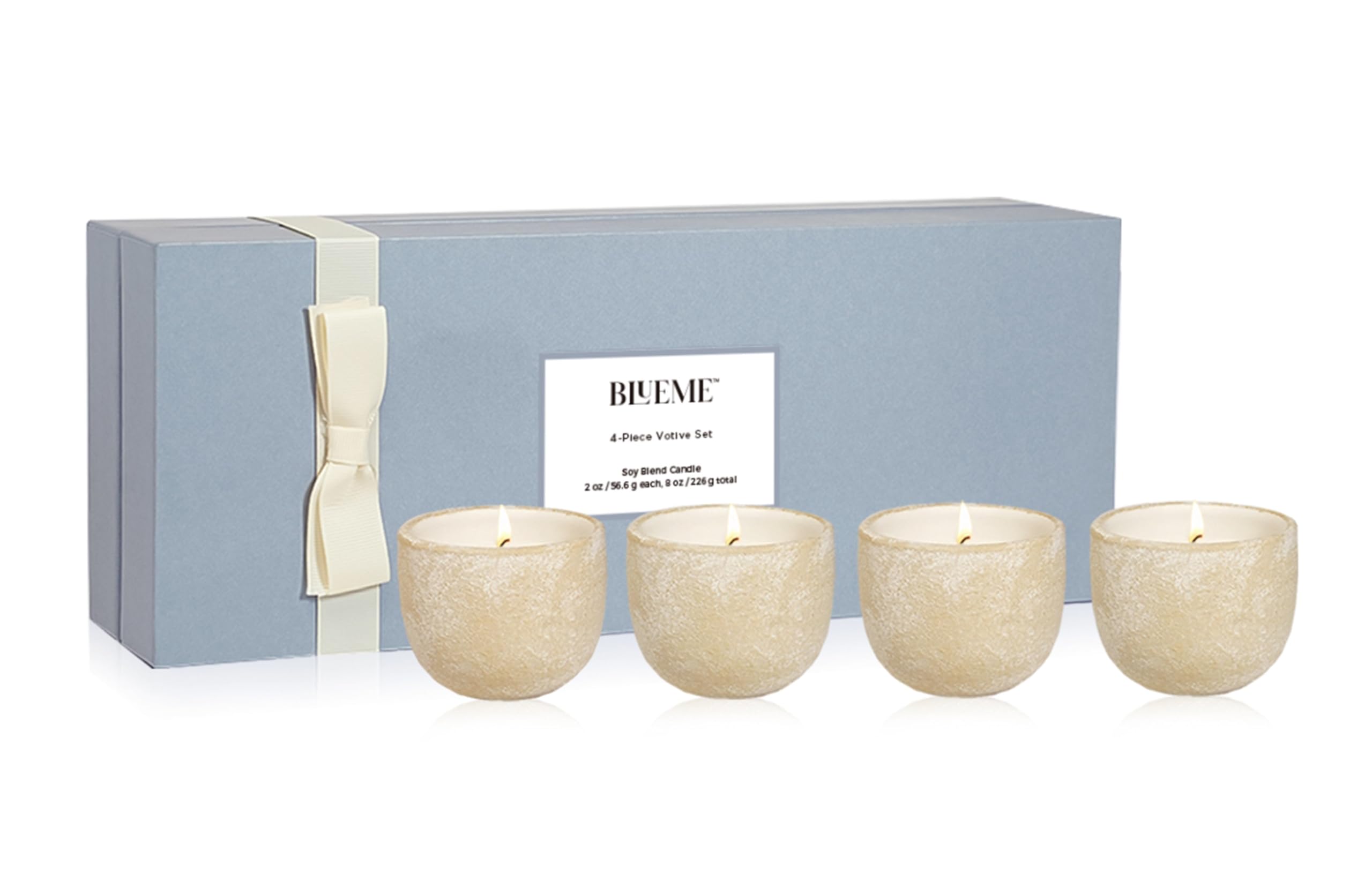 BLUEME Balance-White Lotus & Tea, Focus-Eucalyptus & Lime, Nostalgia-Bergamot & Musk, Calm-Osmanthus & Sandalwood, 4pk Wellness Travel Candle Votive, Sustainable, Contains Essential Oil, Soy-Wax Blend