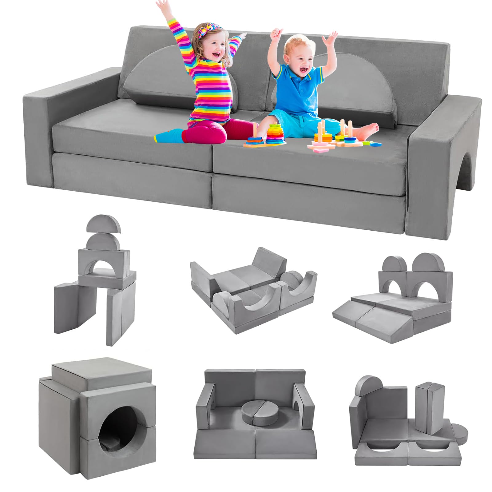 Modular Kids Play Couch for Playroom,10 in 1 Multifunctional Kids Foam Couch，Toddler Couch Building Fort,Child Sectional Sofa,Kids Sofa Couch for Toddler and Baby Playing,Boost Creativity,Gray