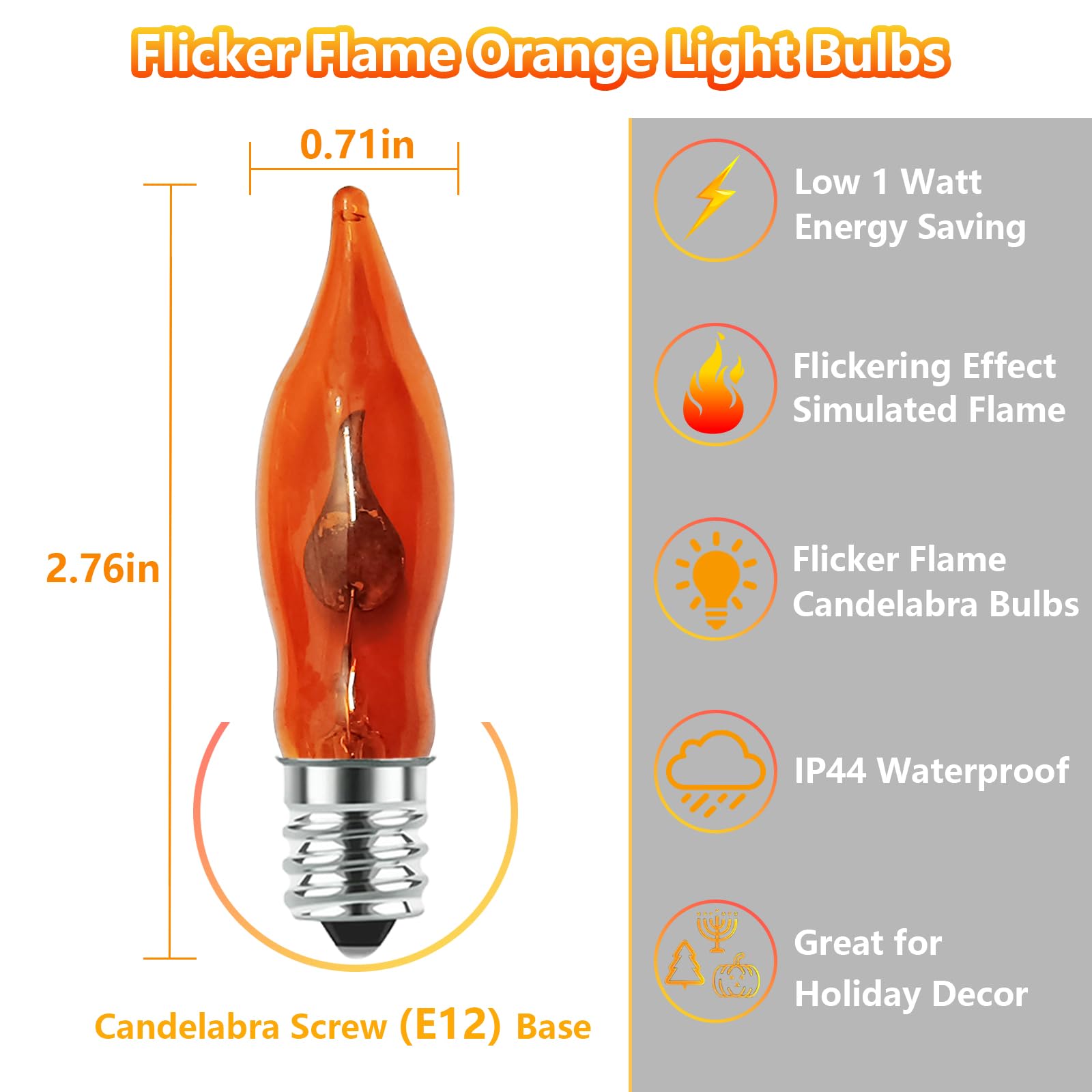 Flickering Flame Light Bulbs, 12 Pack C7 Orange Flickering Light Bulbs Edison Light Bulb, 1 Watt Night Light Bulbs E12 Candelabra Base Light Bulbs for Chandelier Candle Lamp Christmas Halloween Decor