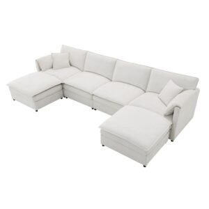 ONEMMLION 134" Cloud Couch Sectional Sofa with Ottomans, Modular Sectional Couch with Double Cushions, Modern 6 Seat Comfy Oversized Chenille U Shaped Couch for Living Room, Cream White