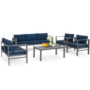 Auzfy 5 PCS Cast Aluminum Outdoor Patio Furniture Set, Metal Patio Conversation Furniture Set, Modern Outdoor Aluminum Patio Sectional Sofa Set with Removable Cushions and Coffee Table, Dark Blue