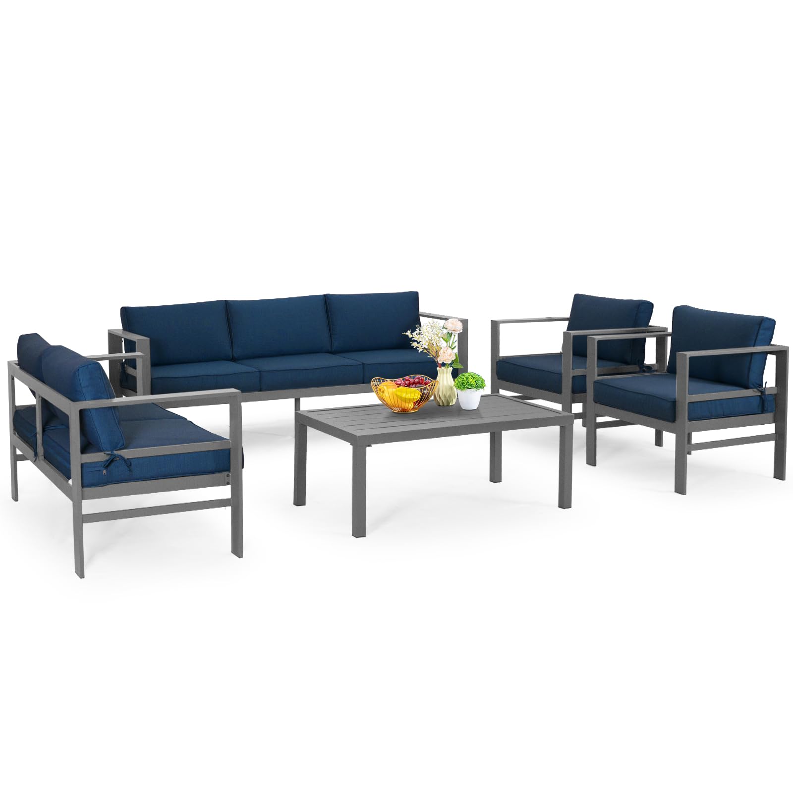 Auzfy 5 PCS Cast Aluminum Outdoor Patio Furniture Set, Metal Patio Conversation Furniture Set, Modern Outdoor Aluminum Patio Sectional Sofa Set with Removable Cushions and Coffee Table, Dark Blue